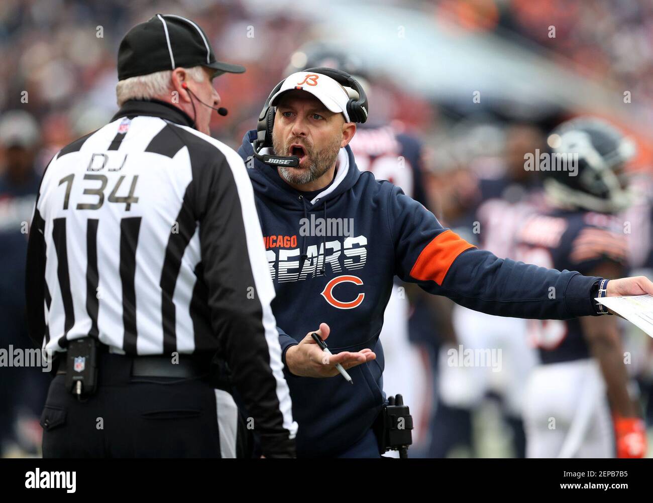 Bears coach Matt Nagy argues with an official about a penalty on the ...