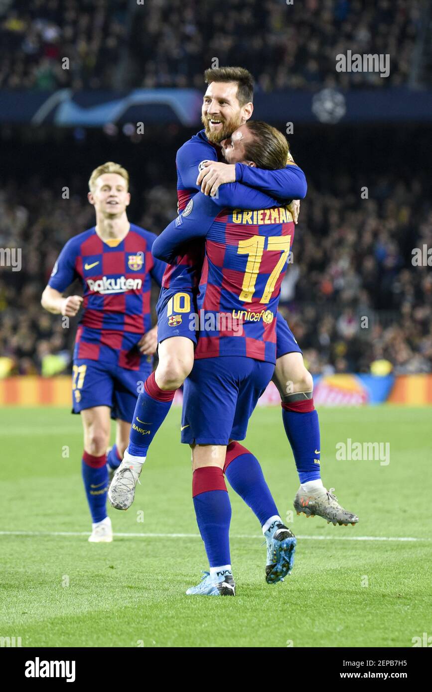 Antoine Griezmann of Barcelona celebrates his goal with Lionel Messi of ...