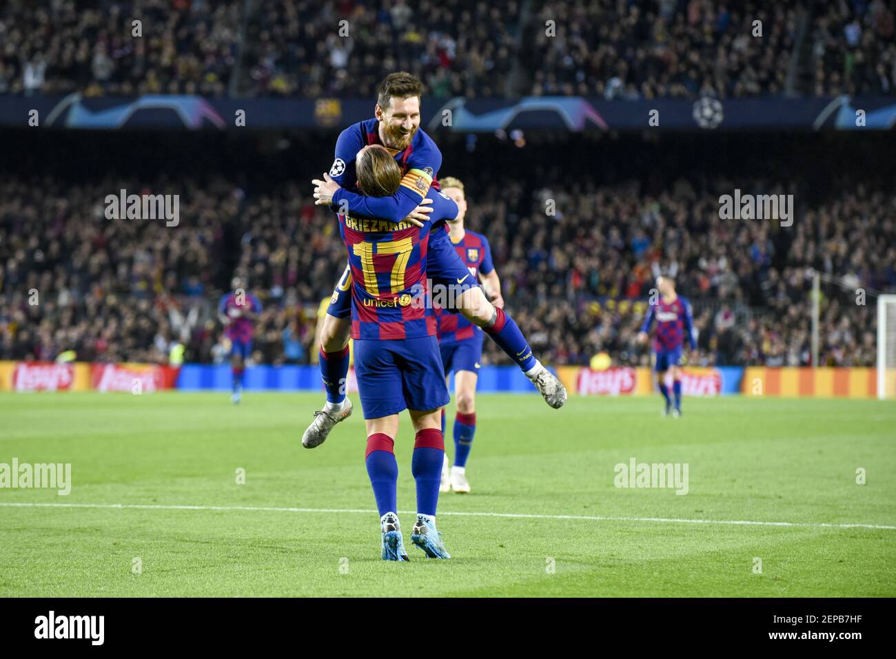 Antoine Griezmann of Barcelona celebrates his scoring with Lionel Messi ...