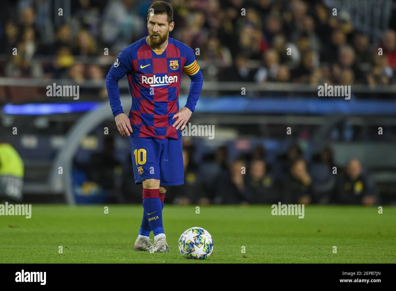 Lionel Messi of Barcelona prepares for a free kick during the UEFA ...