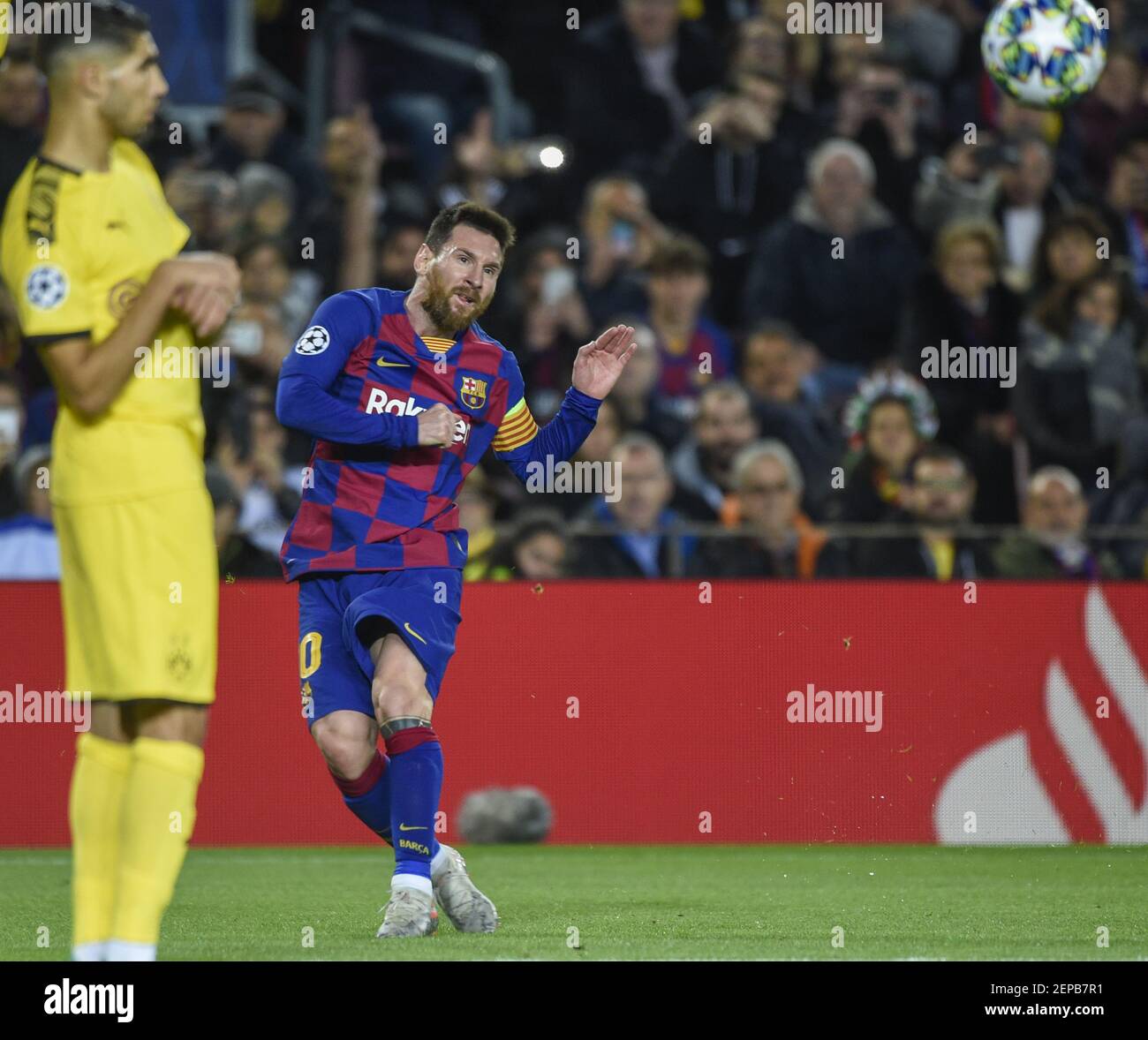Lionel Messi of Barcelona takes a free kick during the UEFA Champions ...