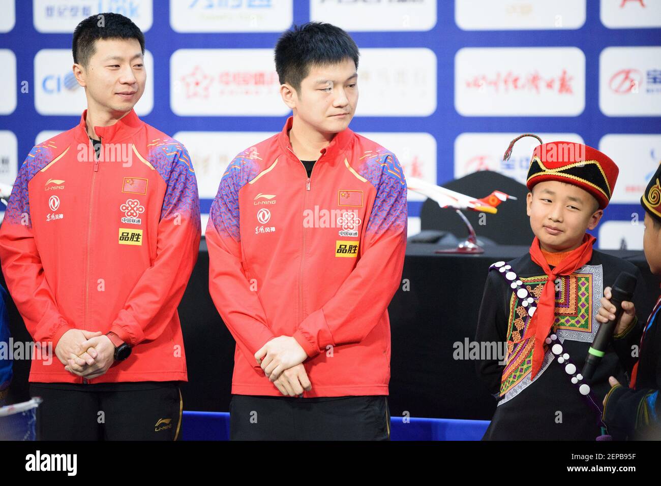 Chengdu, CHINA-Chinese table tennis players Ma long, Fan Zhendong and ...