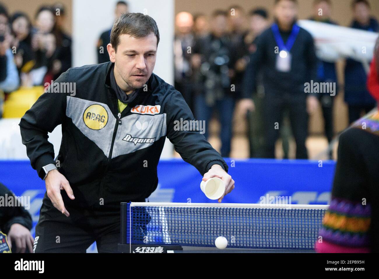 Chengdu, CHINA-Chinese table tennis players Ma long, Fan Zhendong and ...
