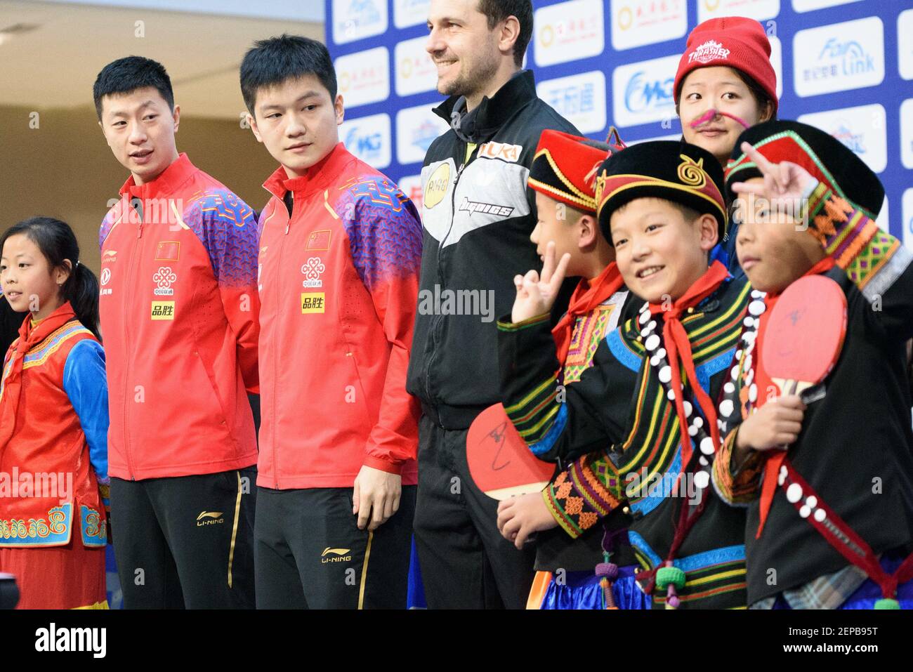 Chengdu, CHINA-Chinese table tennis players Ma long, Fan Zhendong and ...