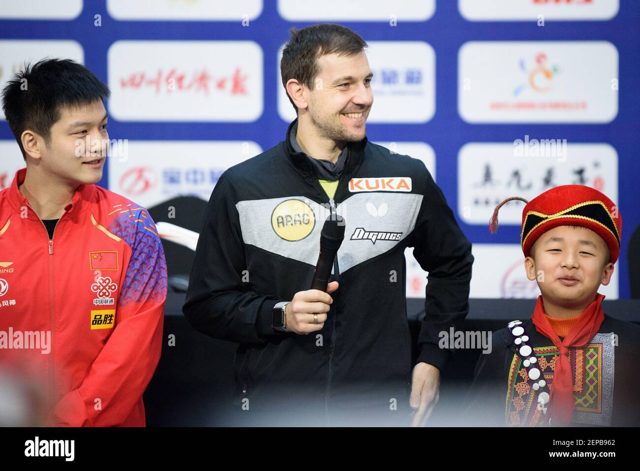 Chengdu, CHINA-Chinese table tennis players Ma long, Fan Zhendong and ...