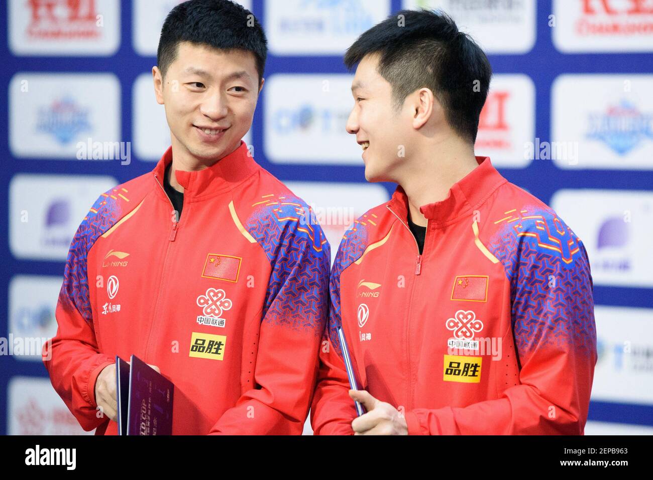 Chengdu, CHINA-Chinese table tennis players Ma long, Fan Zhendong and ...