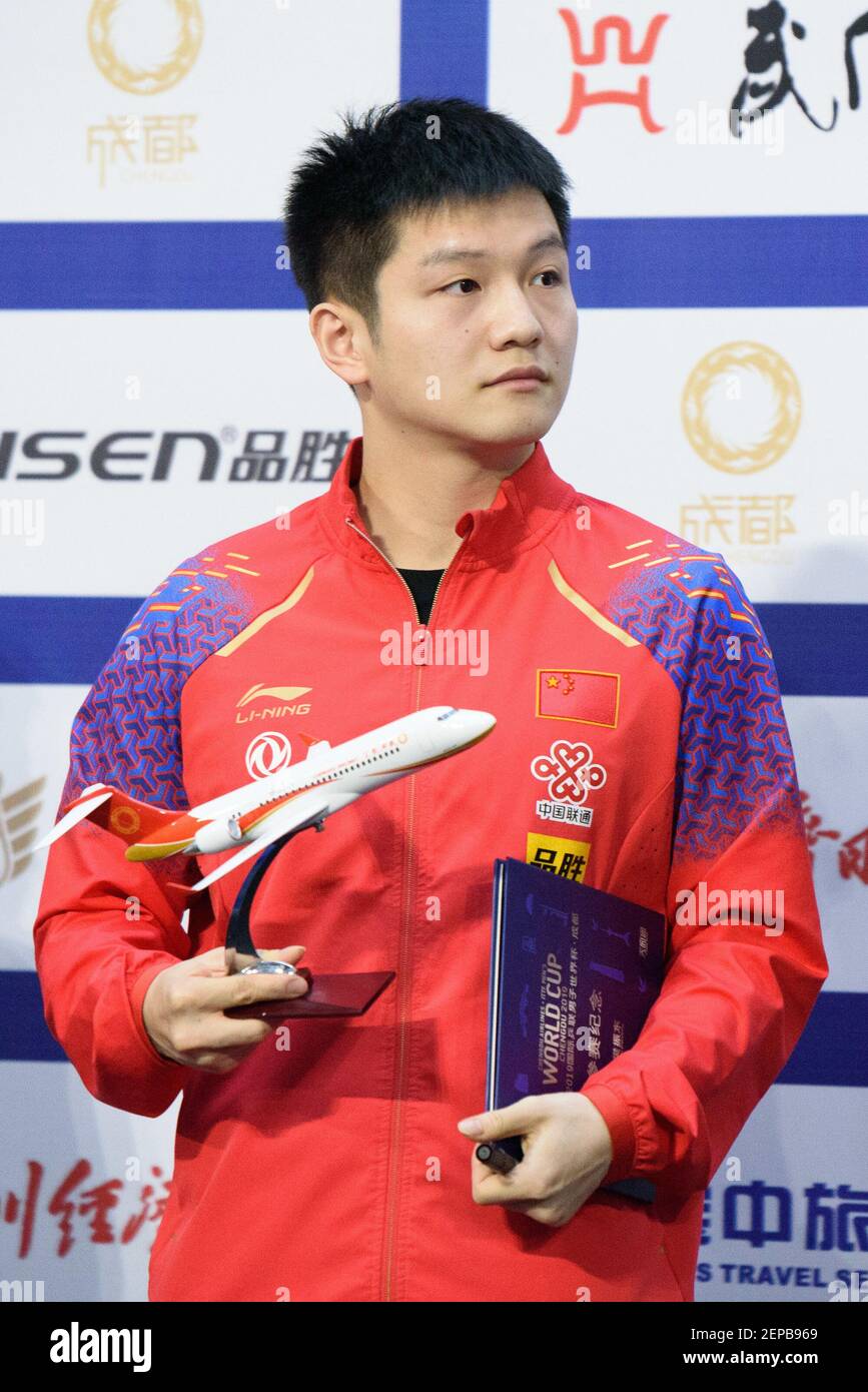 Chengdu, CHINA-Chinese table tennis players Ma long, Fan Zhendong and ...