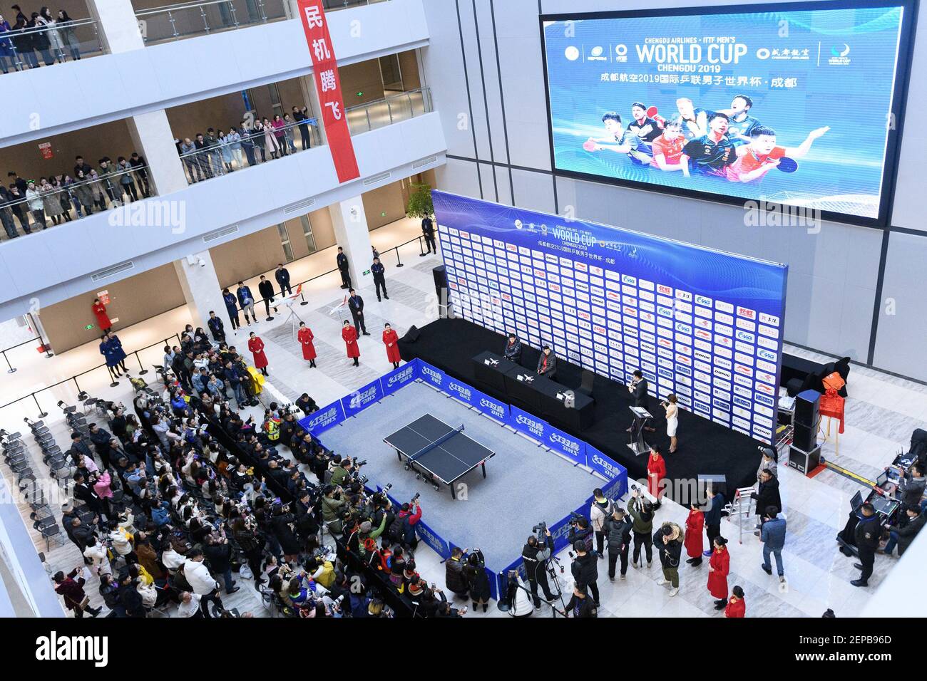 Chengdu, CHINA-Chinese table tennis players Ma long, Fan Zhendong and ...
