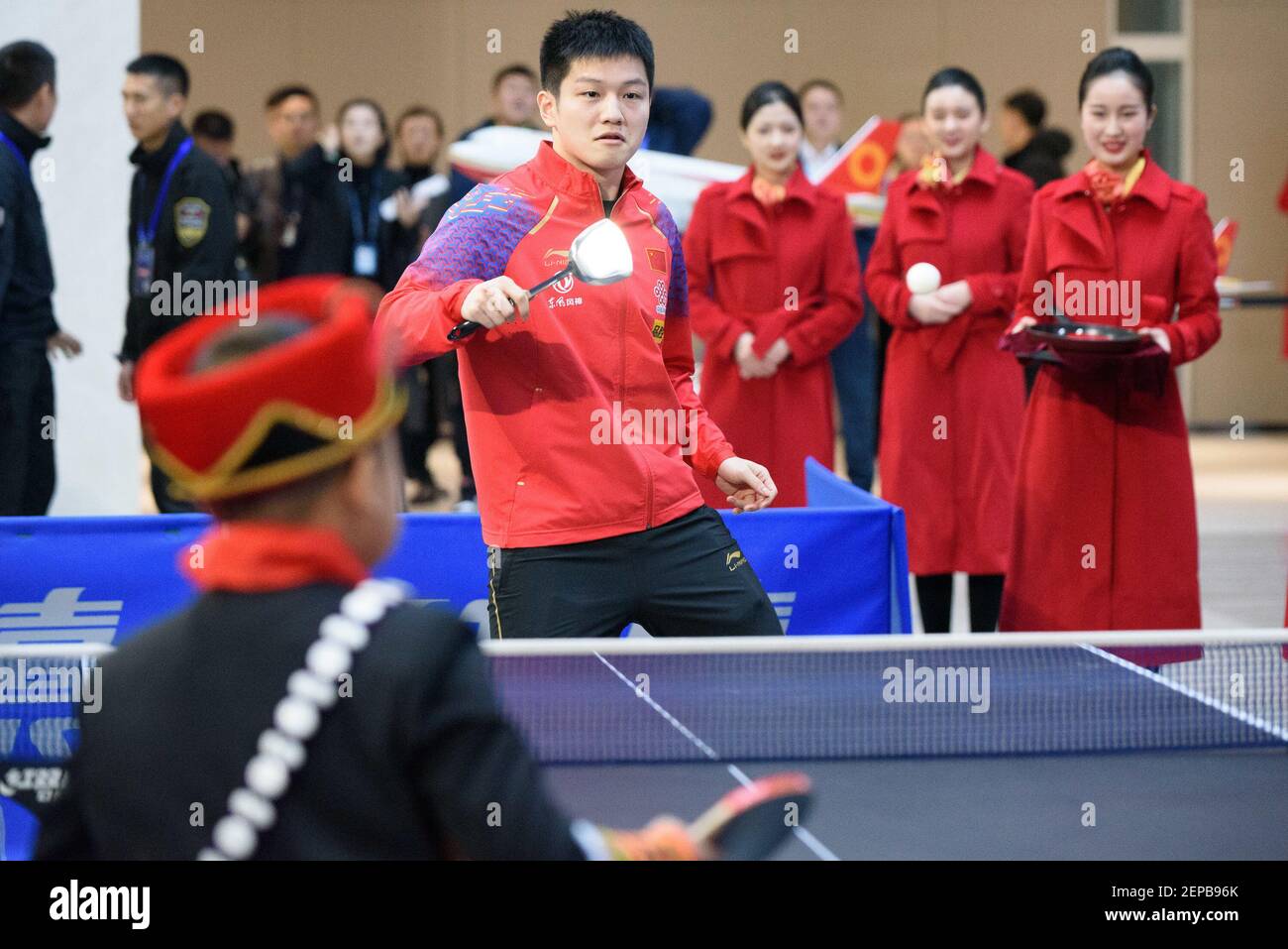 Chengdu, CHINA-Chinese table tennis players Ma long, Fan Zhendong and ...