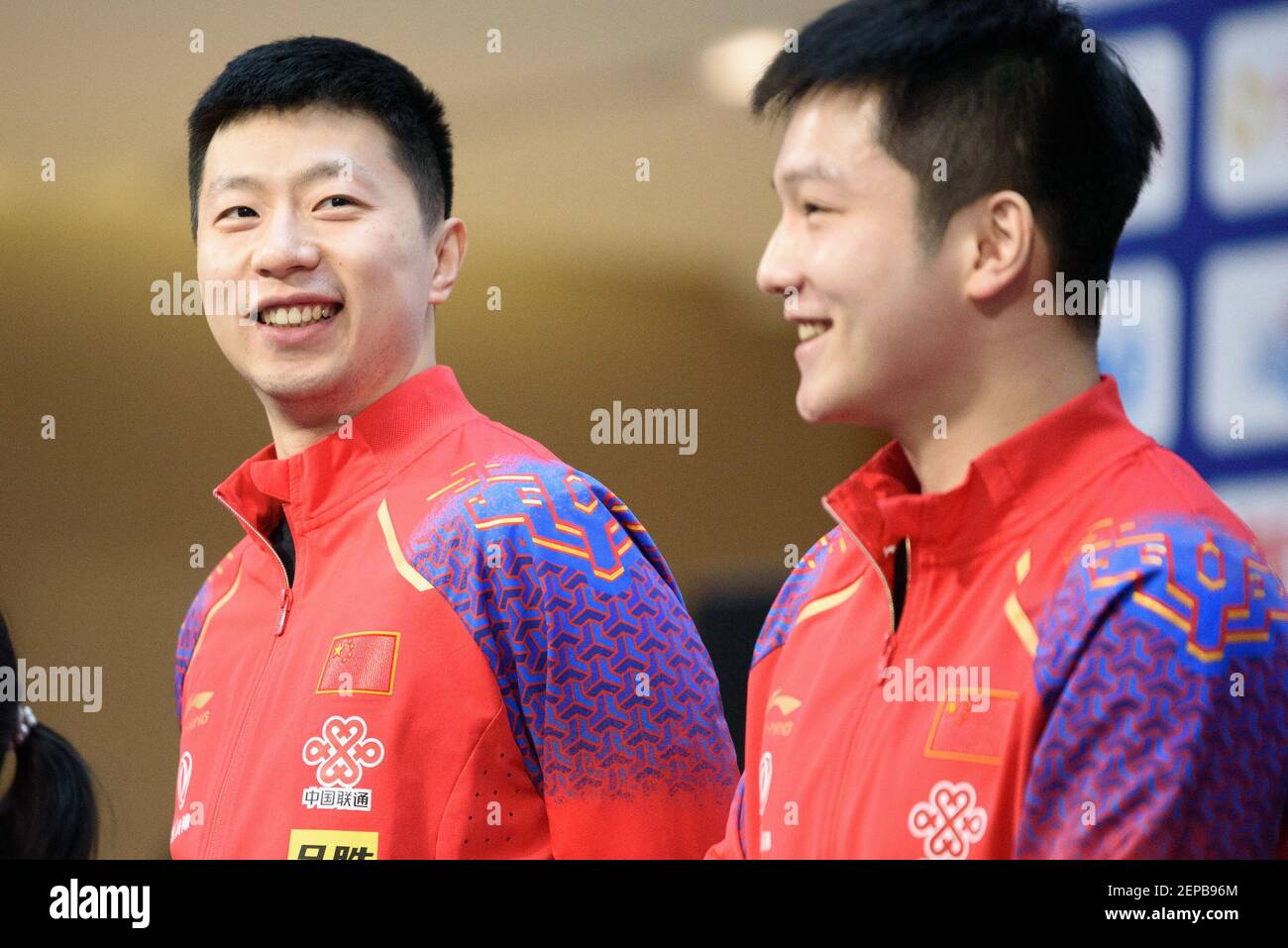 Chengdu, CHINA-Chinese table tennis players Ma long, Fan Zhendong and ...