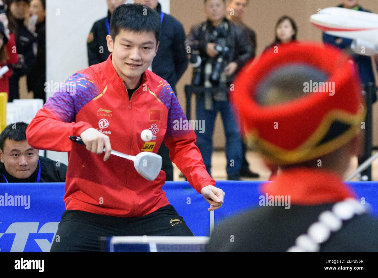 Chengdu, CHINA-Chinese table tennis players Ma long, Fan Zhendong and ...