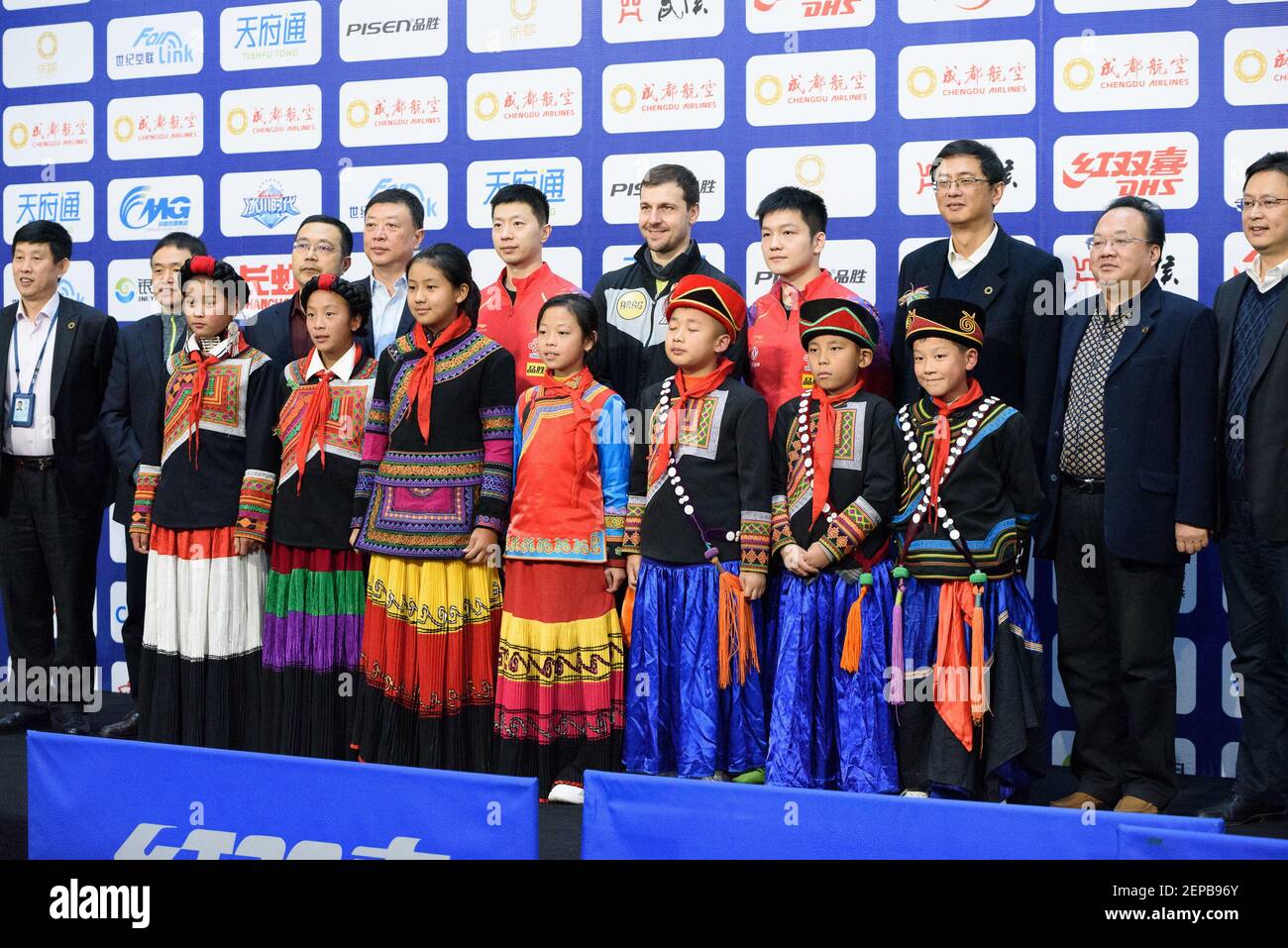 Chengdu, CHINA-Chinese table tennis players Ma long, Fan Zhendong and ...