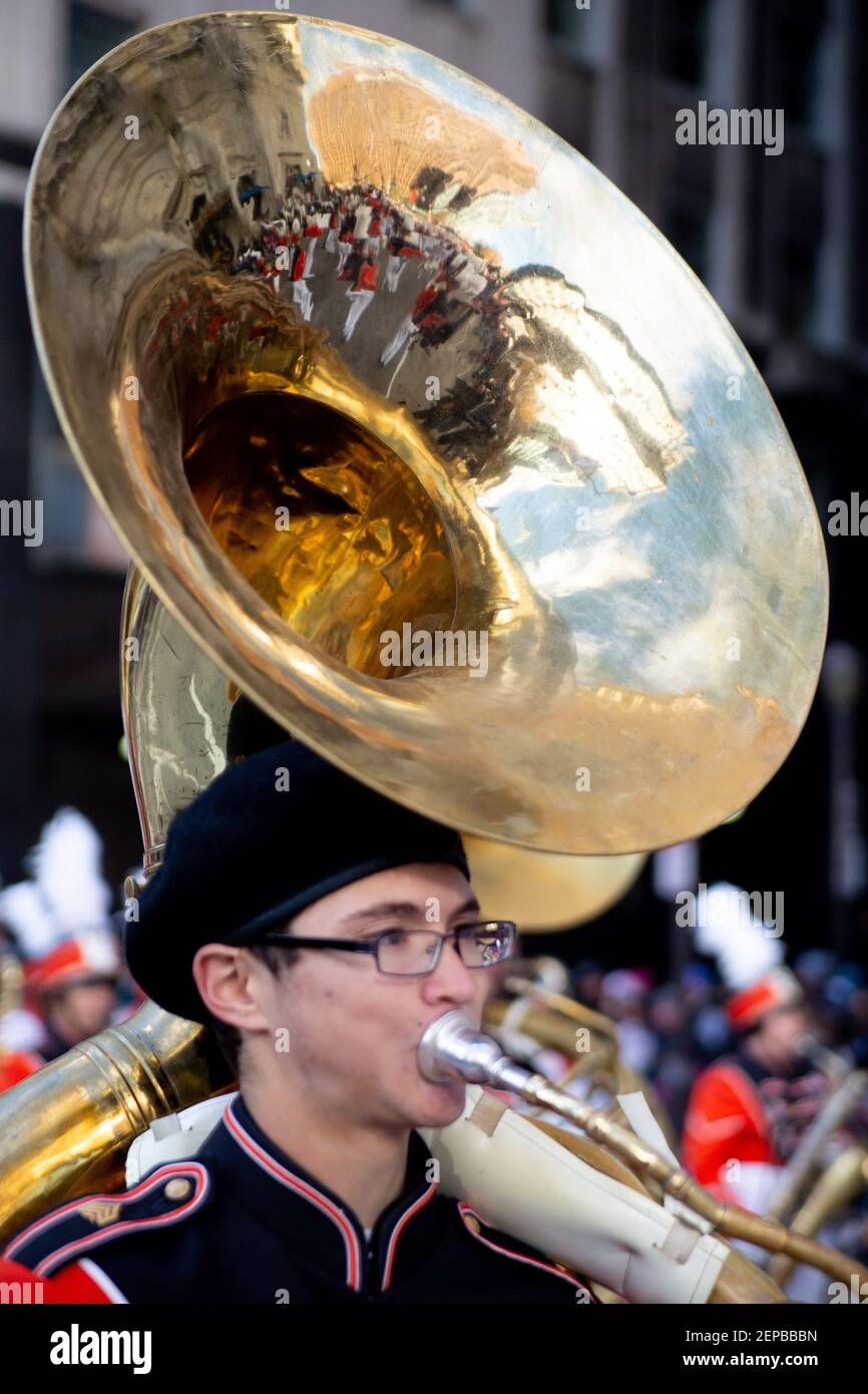 A marching band member plays tuba during the 6ABC Thanksgiving Day ...