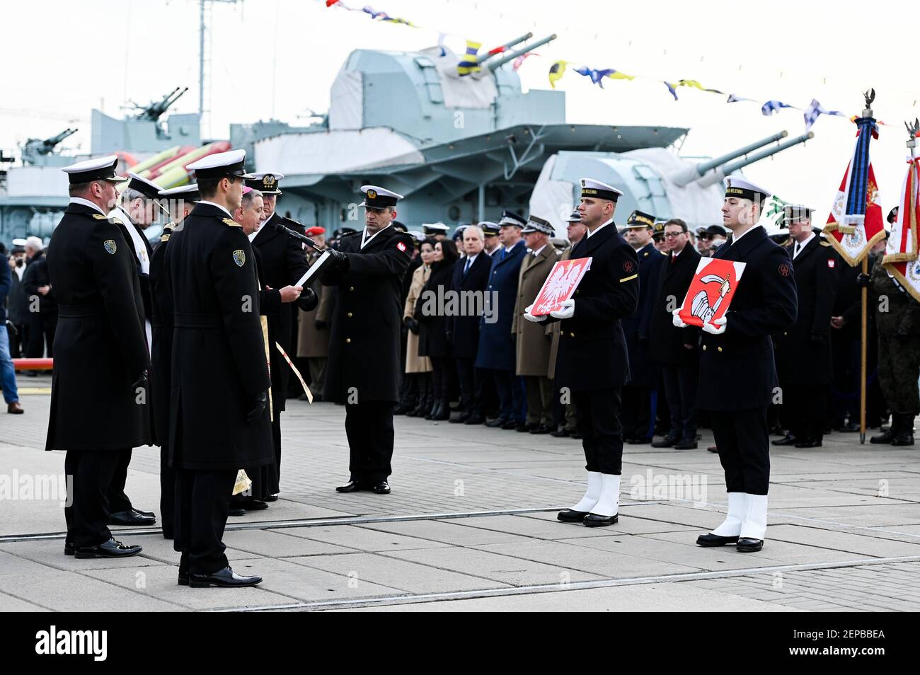Polish Navy officers hold flags during the 101st anniversary of the ...
