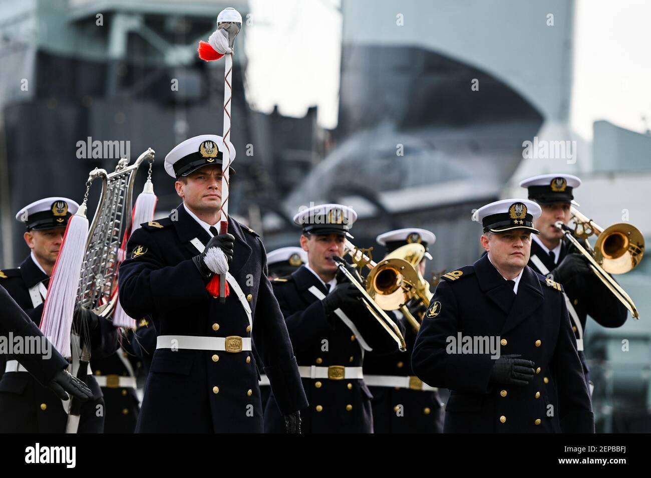 Representative company of Polish Navy seen near ORP Blyskawica ship ...