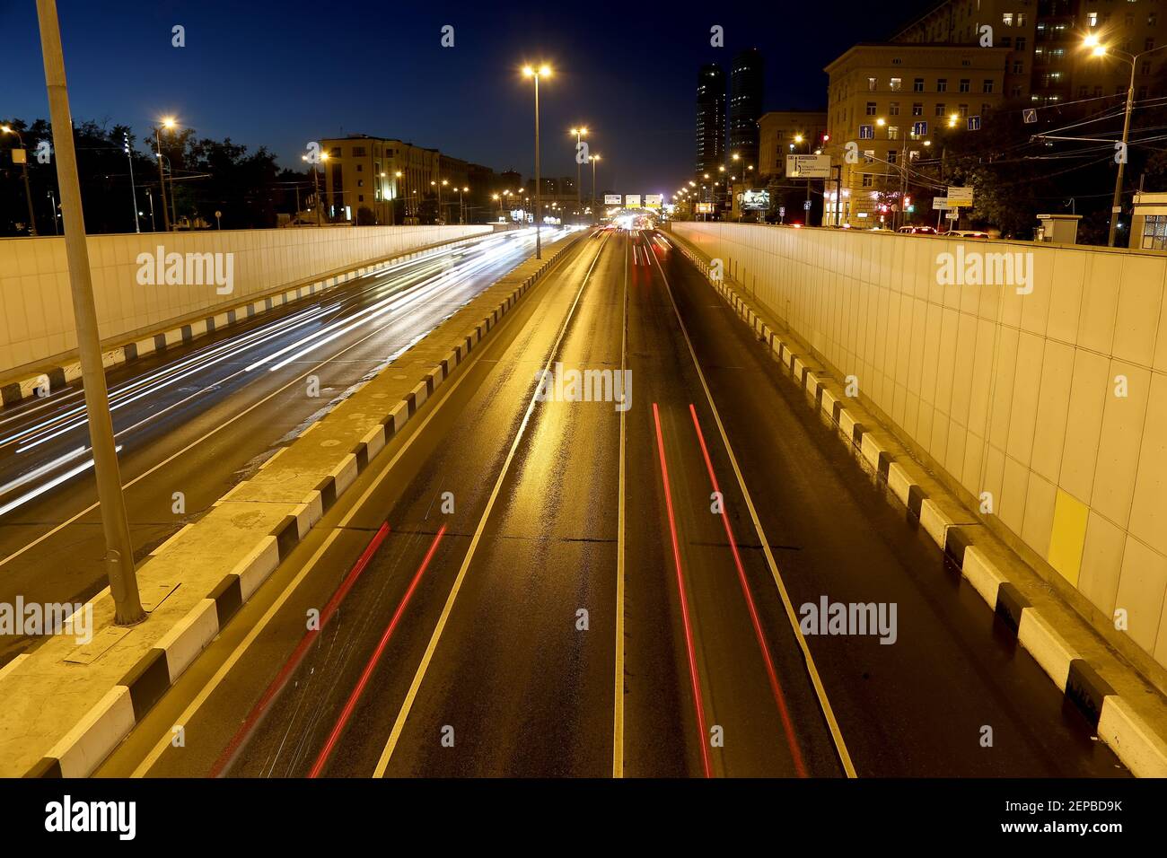 Traffic on the highway of big city (at night), Moscow, Russia Stock ...
