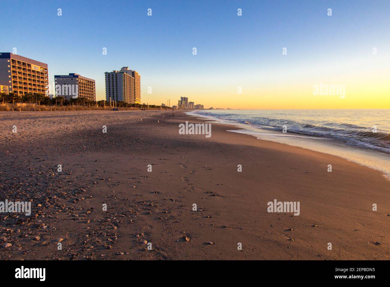 Myrtle Beach city skyline at dawn on the wide sandy beach of the ...