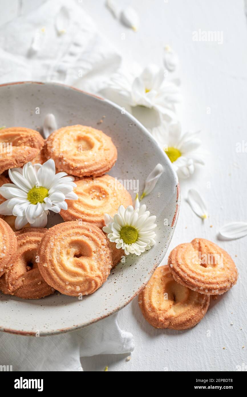 Delicious round butter cookies as crunchy and vanilla snack on white ...