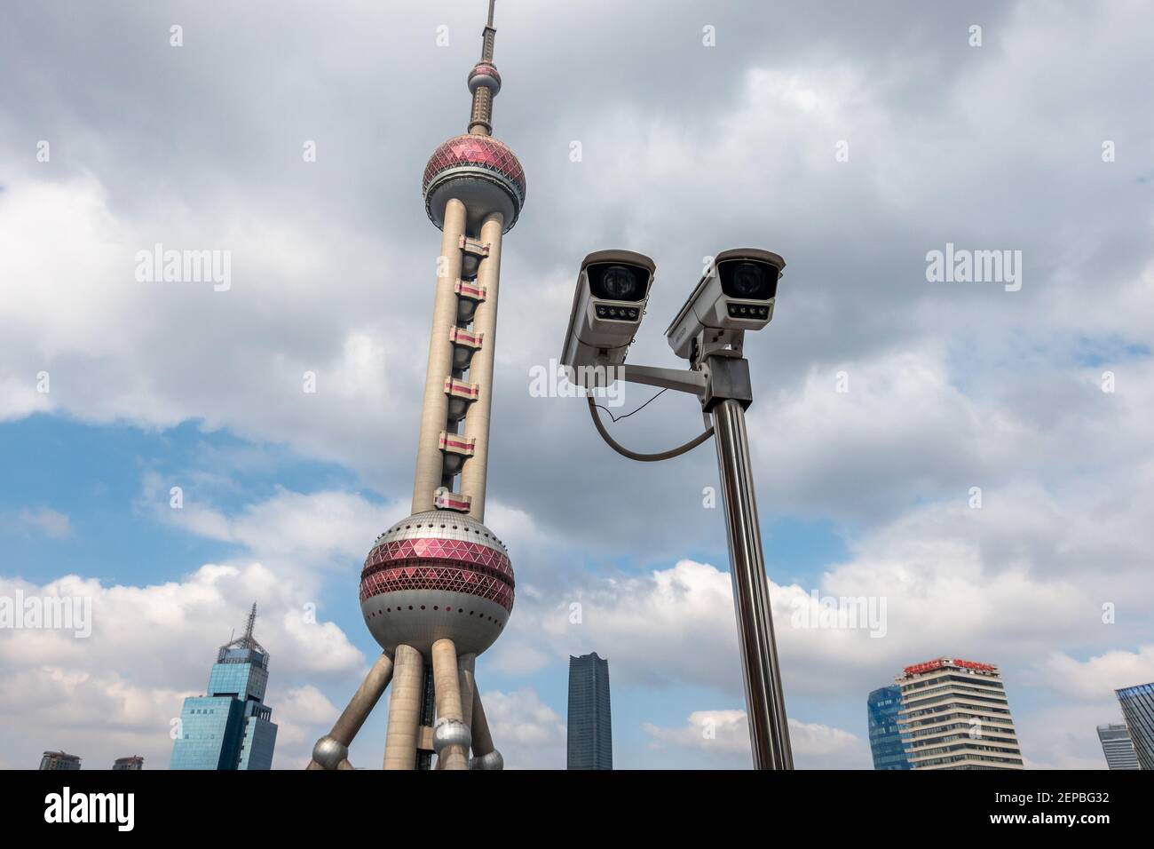 Hikvision surveillance cameras are seen on the ring overpass near the ...
