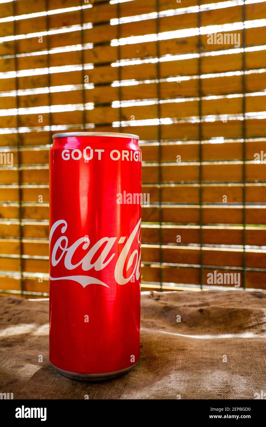 Can of Coca-Cola putted on a vintage canvas tarpaulin, France Stock ...