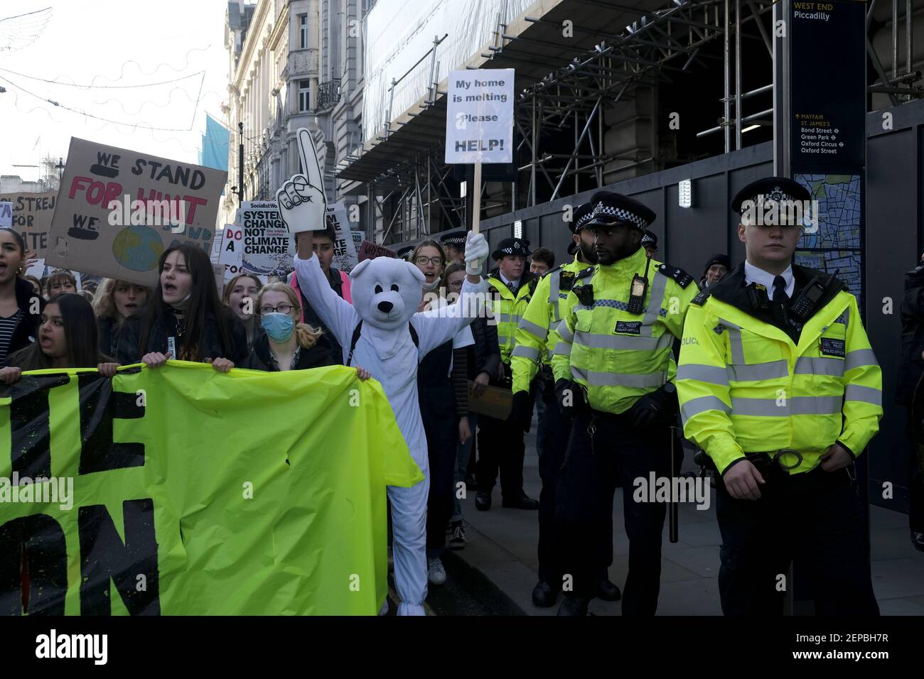 Environmental protester wearing a polar bear costume while holding a ...