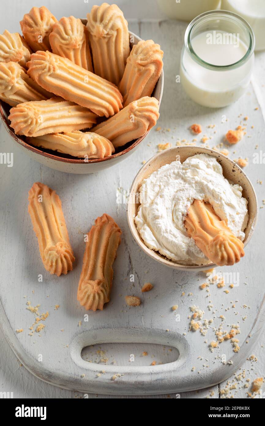 Shortbread cookies as crunchy and vanilla snack on white table Stock ...