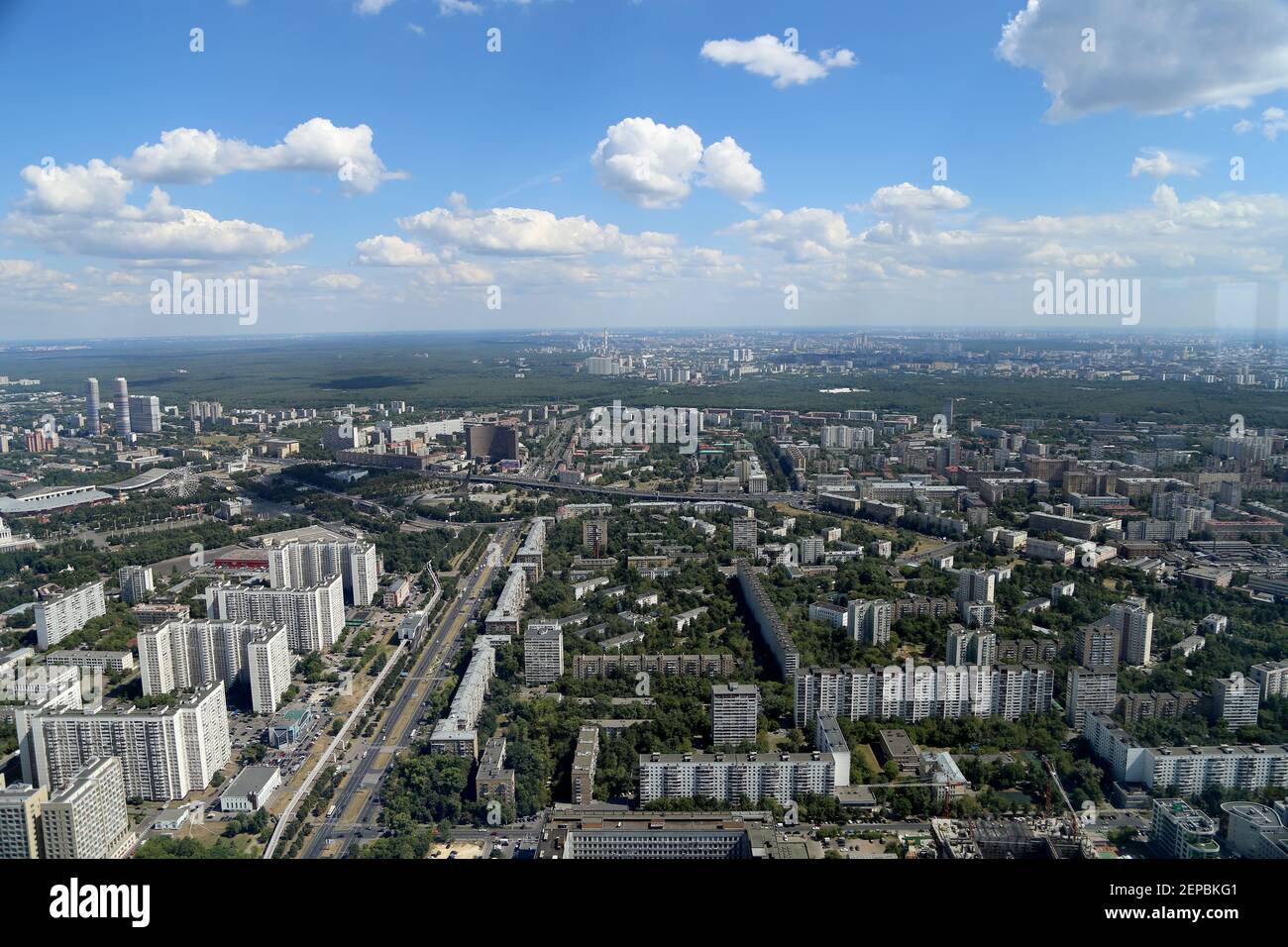 Spectacular aerial view (340 m) of Moscow, Russia. View from Ostankino ...