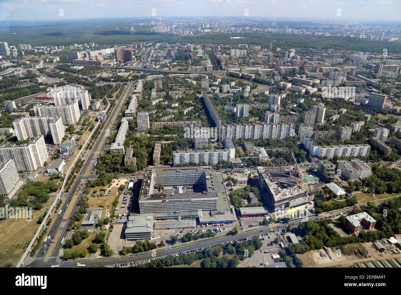 Spectacular aerial view (340 m) of Moscow, Russia. View from Ostankino ...