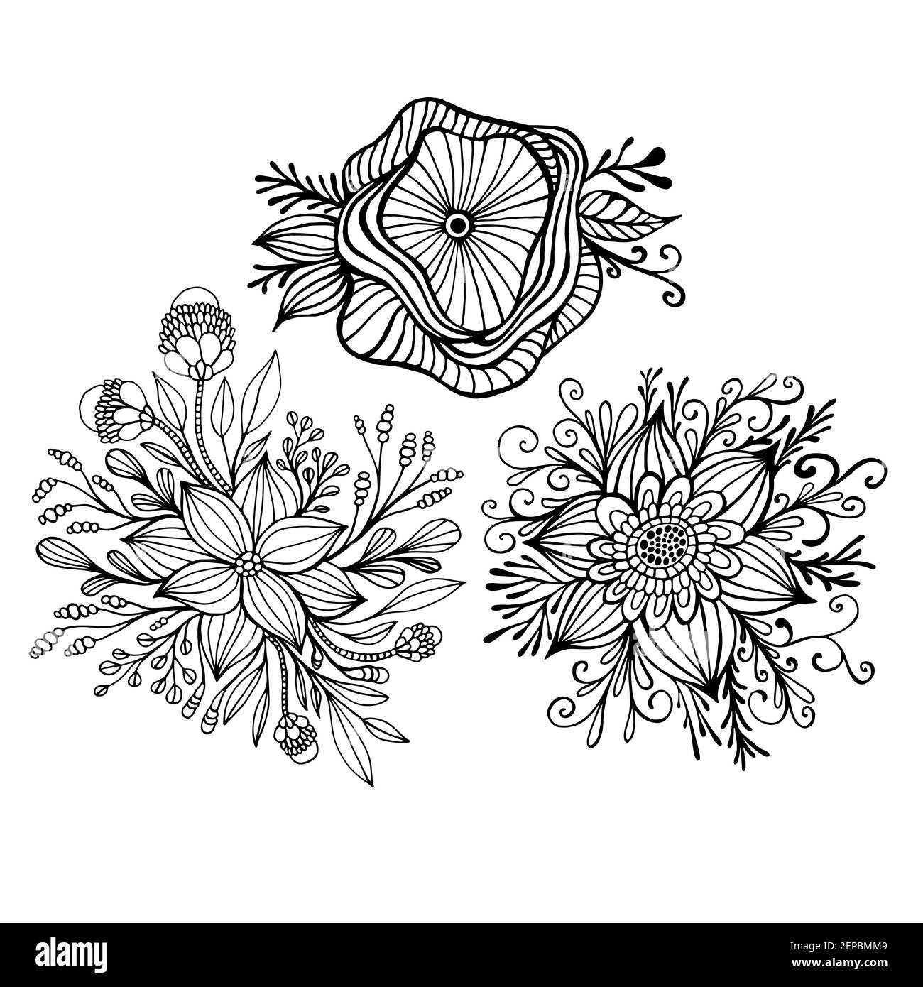 Set with three fantasy flower framed by leaves and buds coloring page ...