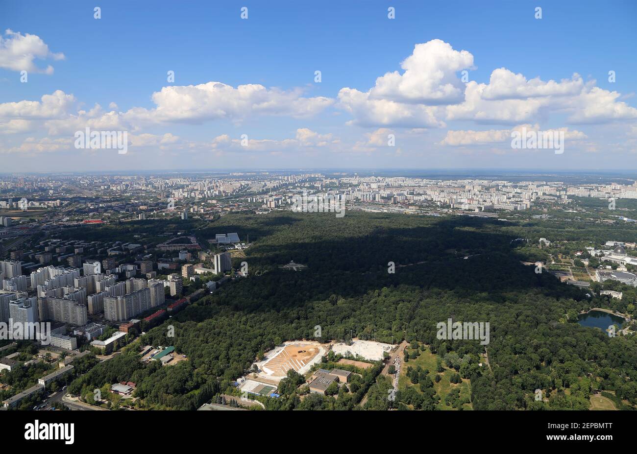 Spectacular aerial view (340 m) of Moscow, Russia. View from Ostankino ...