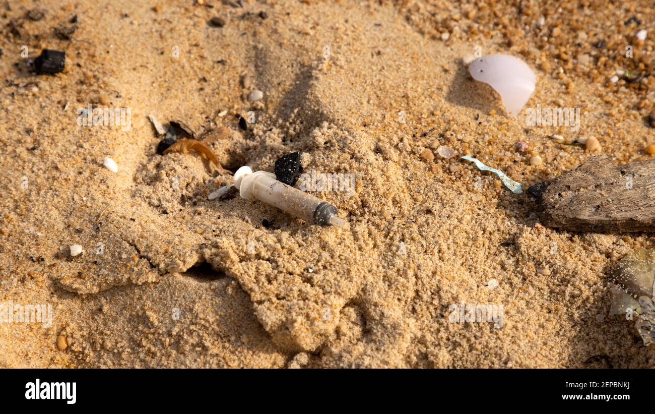 Monrovia Liberia Atlantic ocean beach trash pollution. medical waste ...