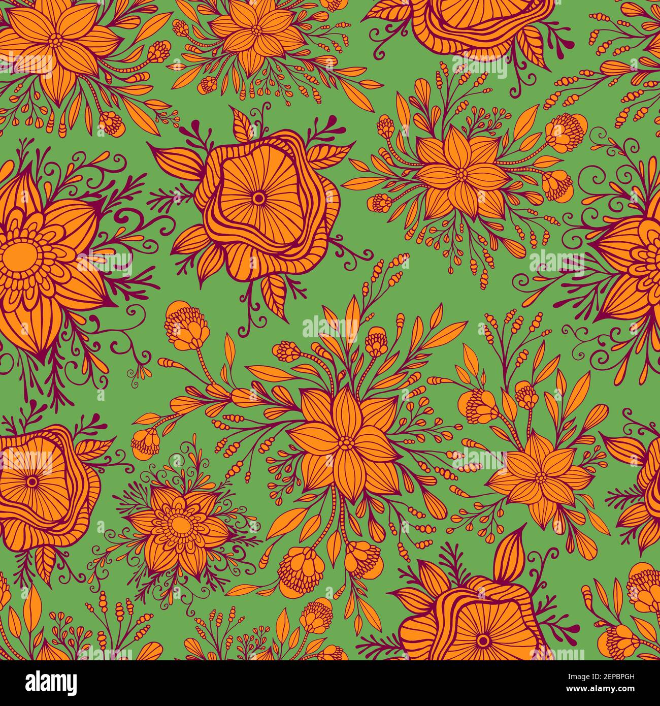 Beautiful blooming flowers seamless fantasy pattern. Orange flowers ...