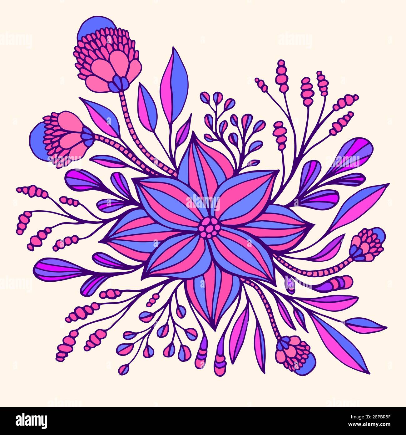 Colrful fantasy flower purple blue color, framed by leaves and buds ...