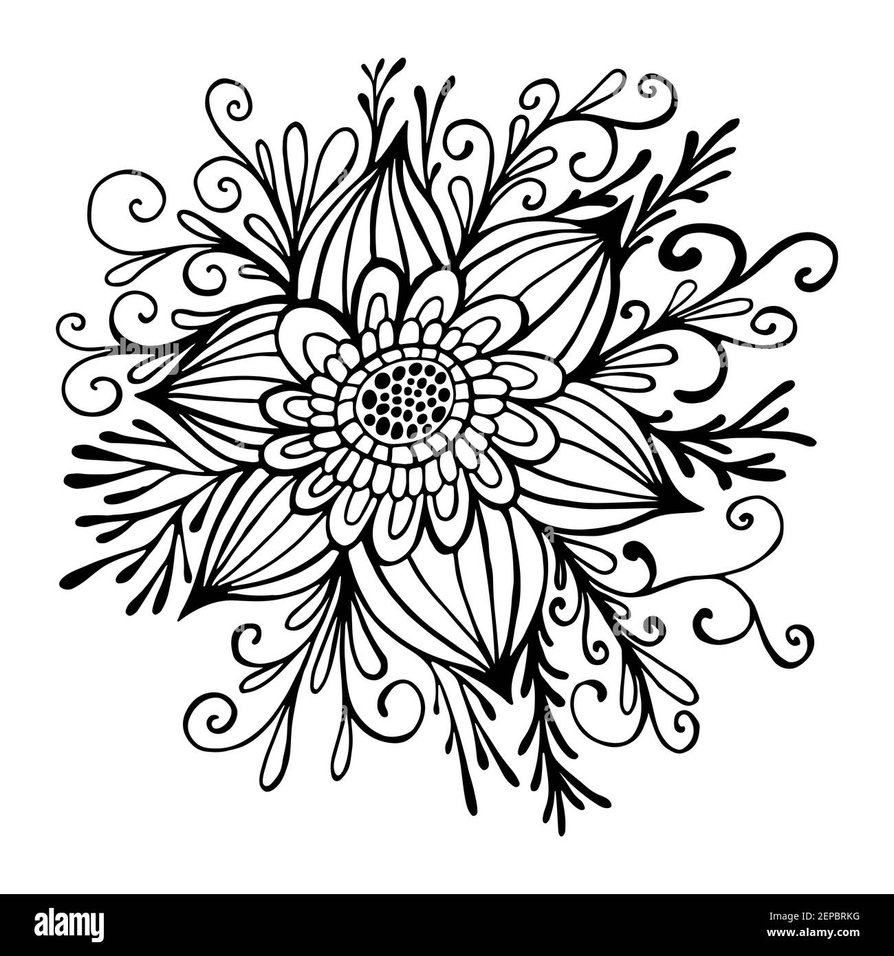 Flower framed by leaves and buds coloring page. Decorative elegant ...