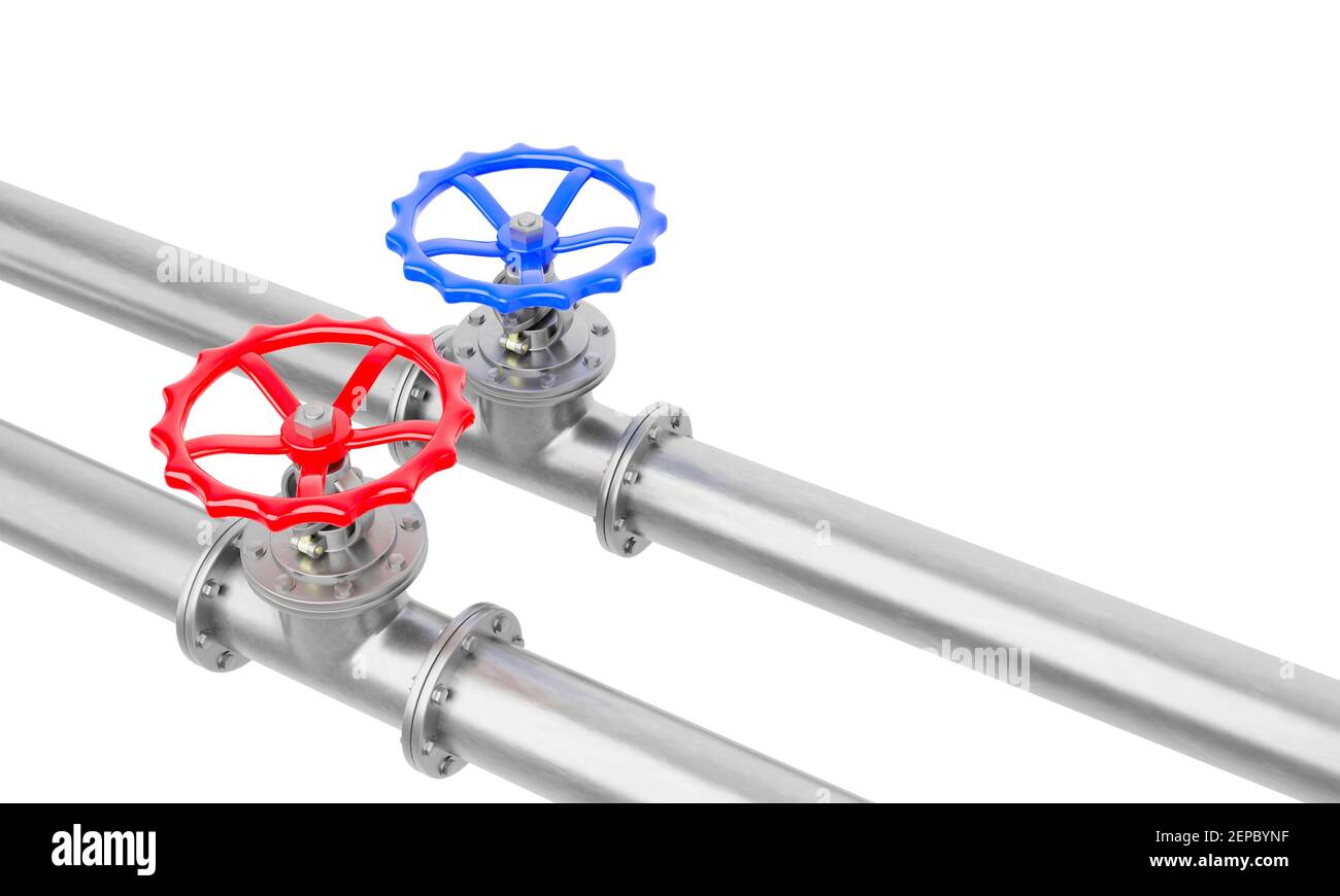3d render blue and red valves on steel pipes diagonal view isolated on ...