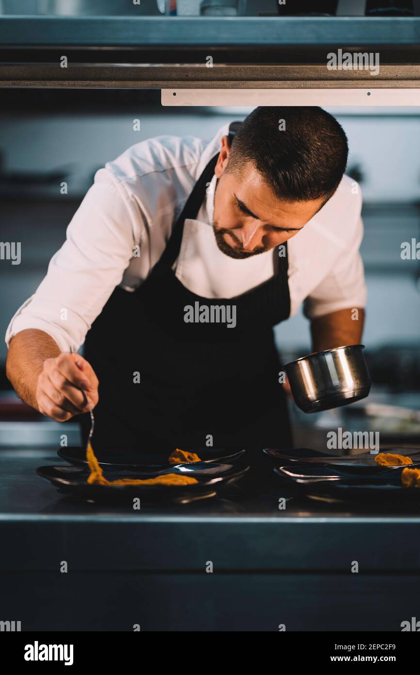 Portrait of a male chef decorating food in ceramic dishes over ...