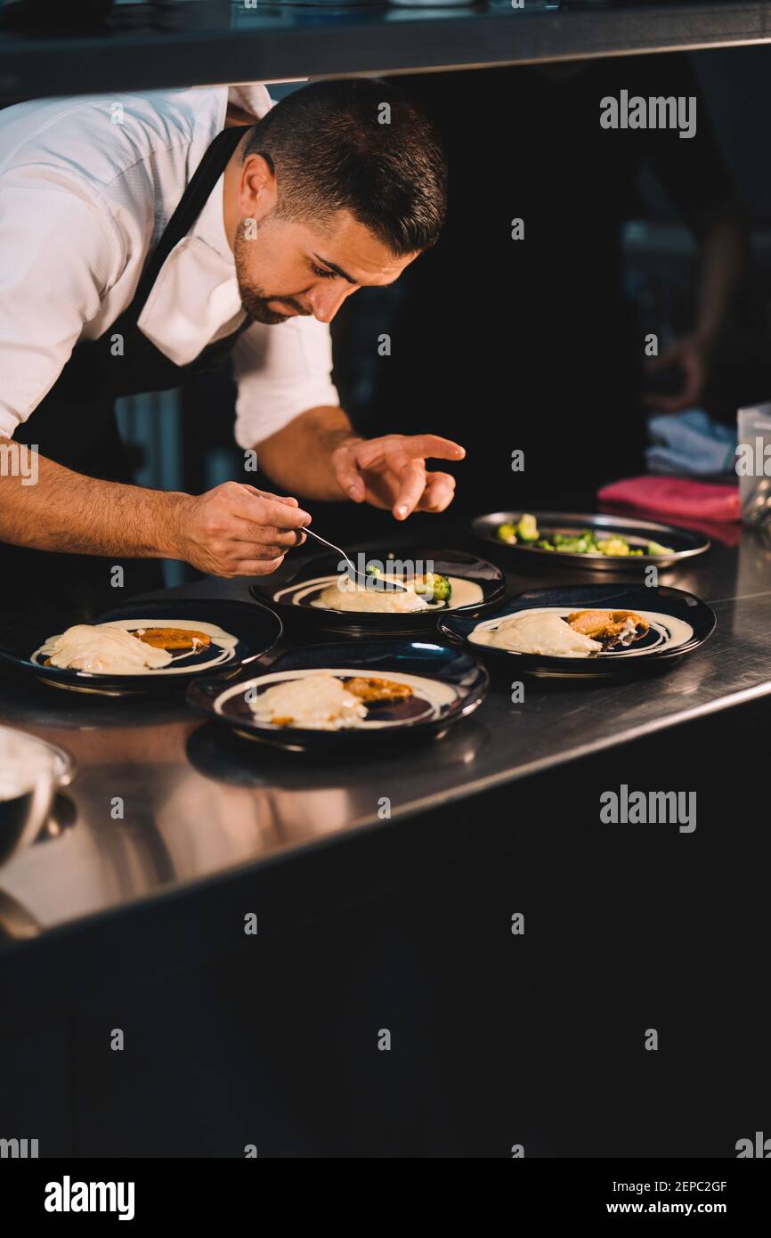 Portrait of a male chef decorating food in ceramic dishes over ...