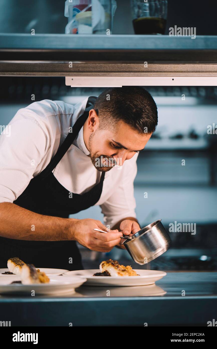 Portrait of a male chef decorating food with spoon in ceramic dish over ...