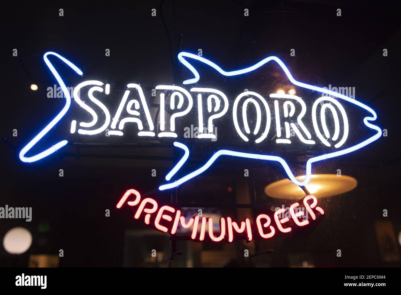 Japanese Sapporo beer neon sign be seen at a restaurant in Millbrae ...