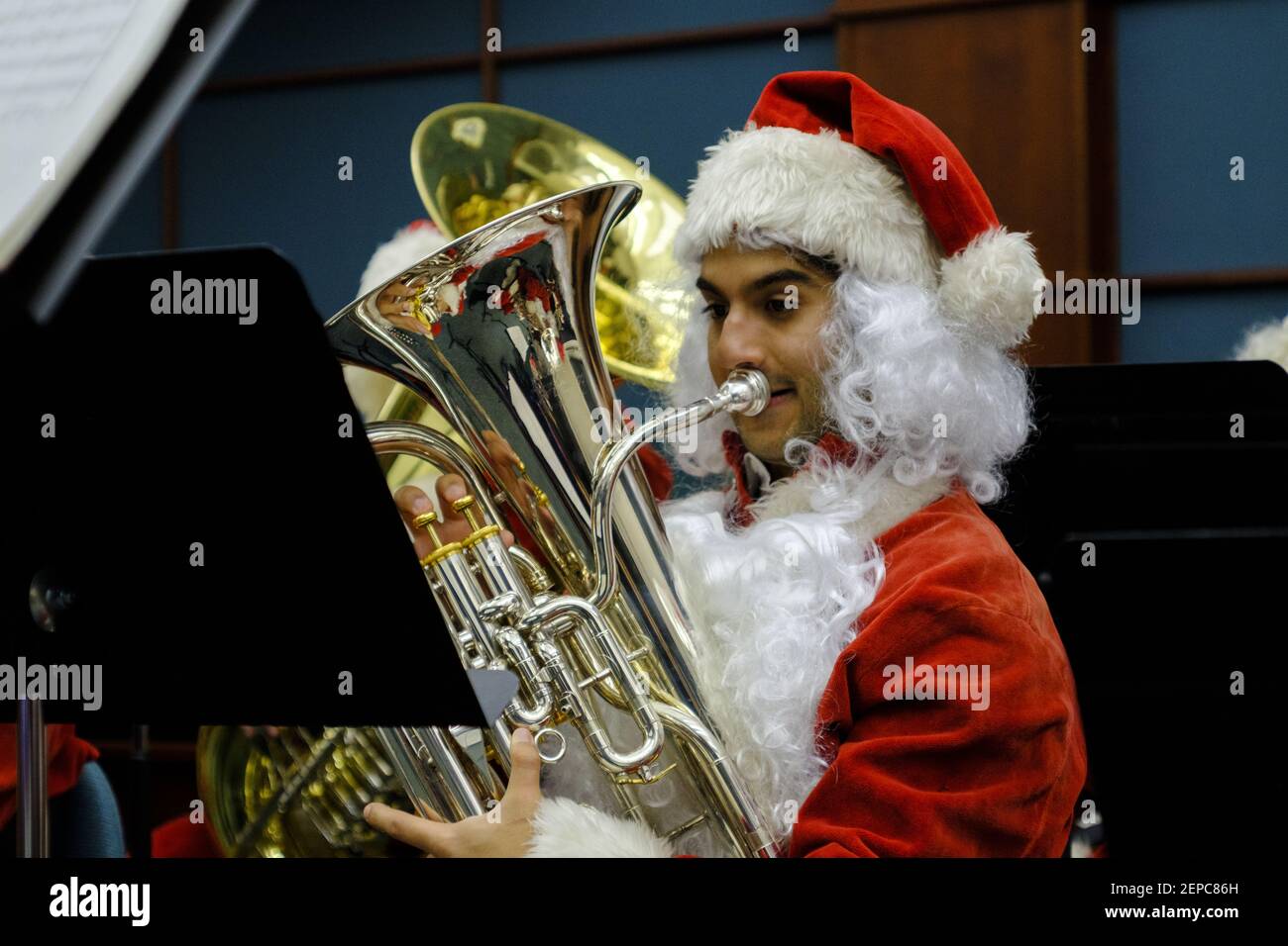 BLOOMINGTON, UNITED STATES, DECEMBER 2, 2019: Tuba Santas perform ...