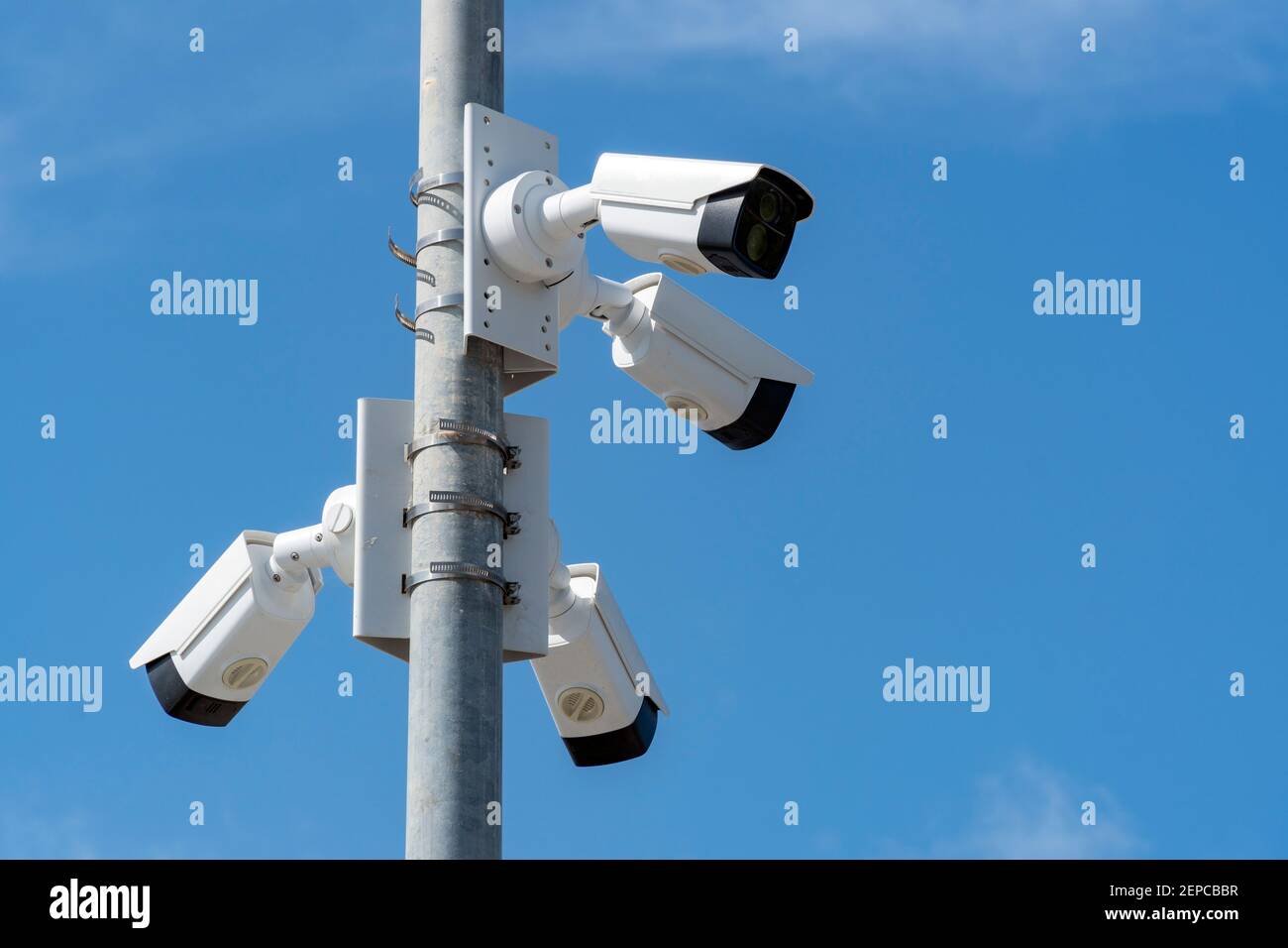 Security systems and alarm technology concept: CCTV camera hanging on ...