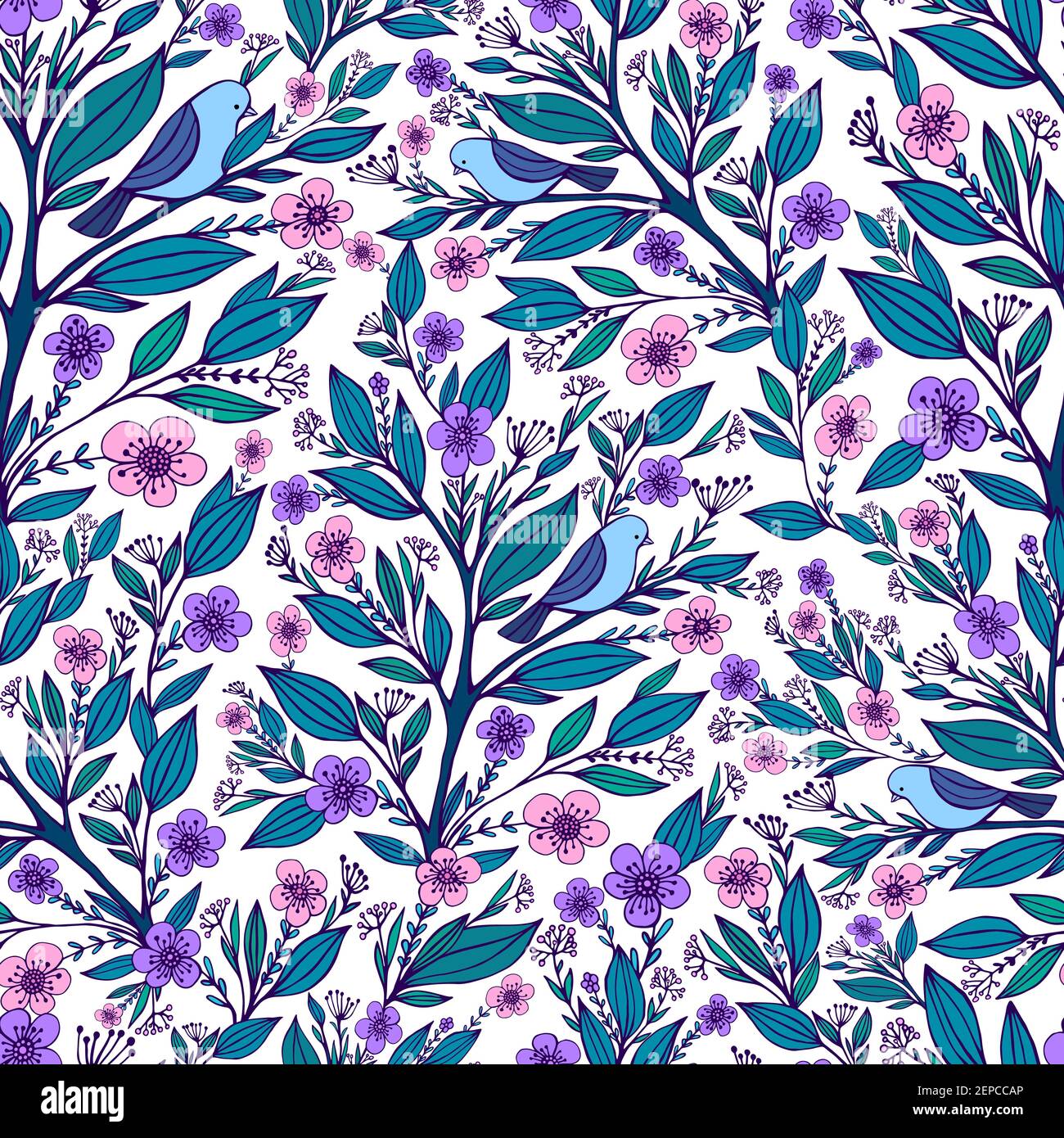 Little birds sit on flowering branches with flowers and leaves seamless ...
