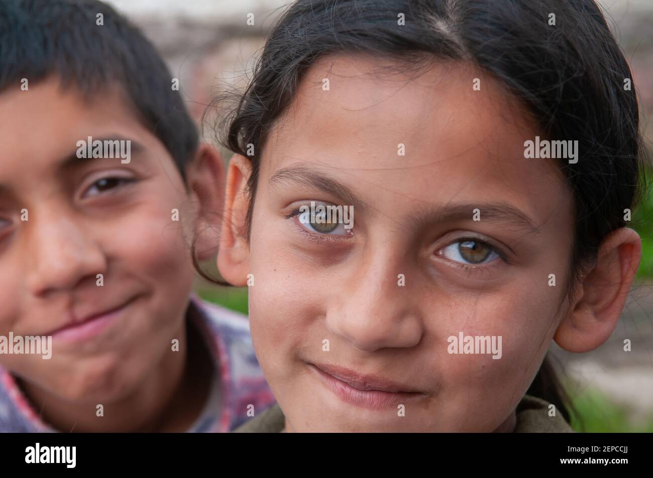 Lomnicka, Slovakia. 05-16-2018. Smiling Gypsy girl living in misery and ...