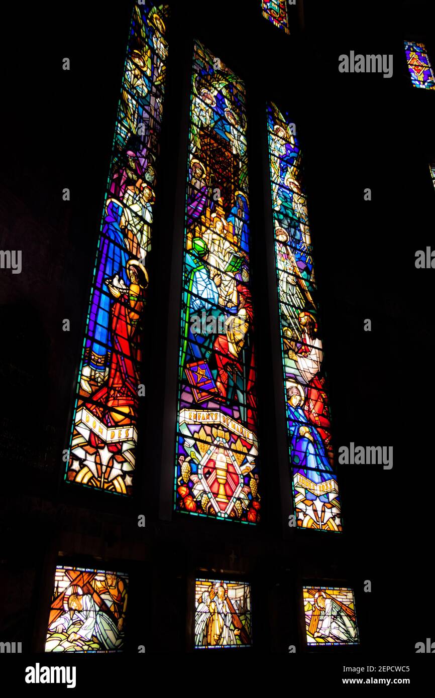 stained glass window in Notre Dame des malades church in Vichy France ...
