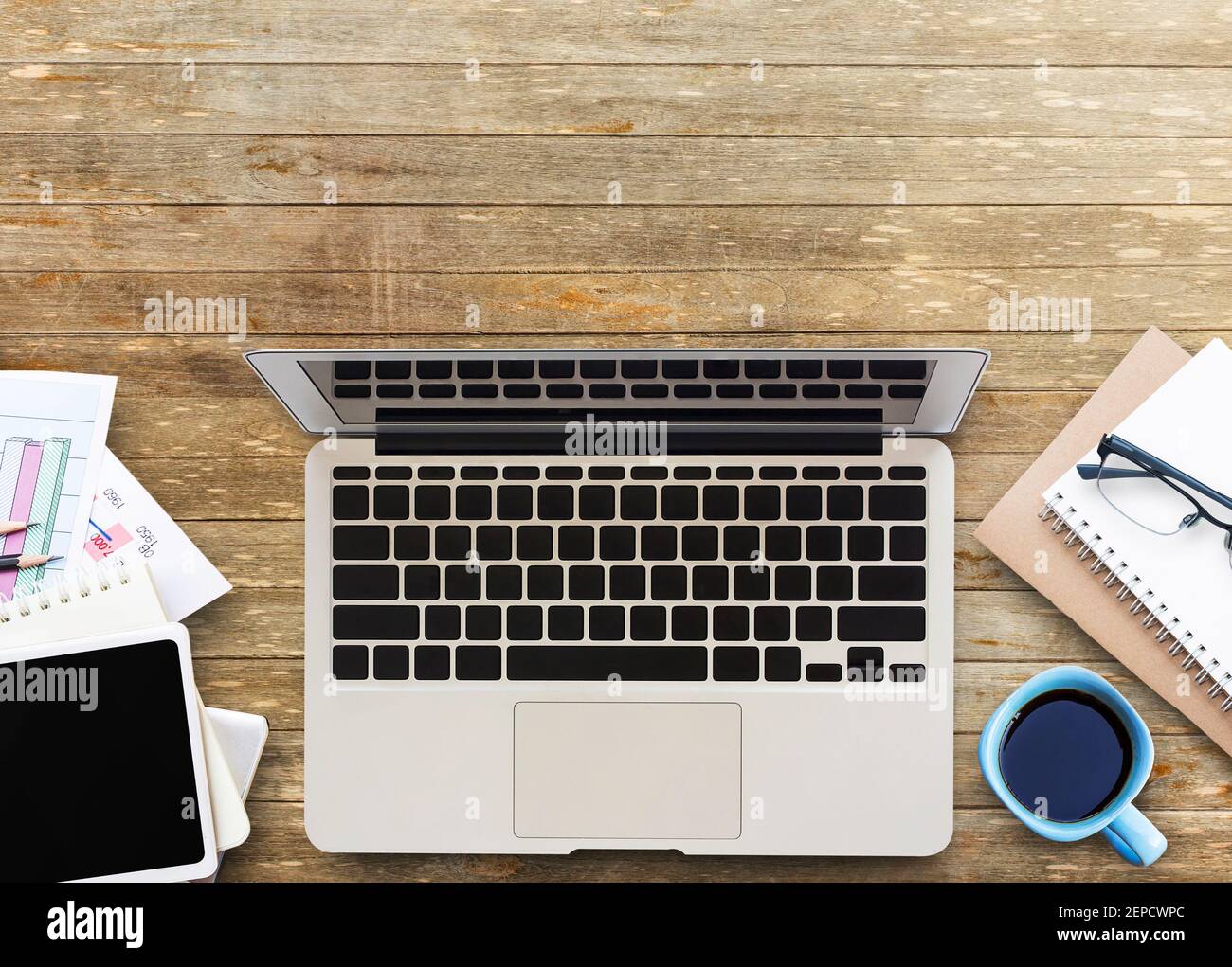 Office desk table with office equipment Stock Photo - Alamy