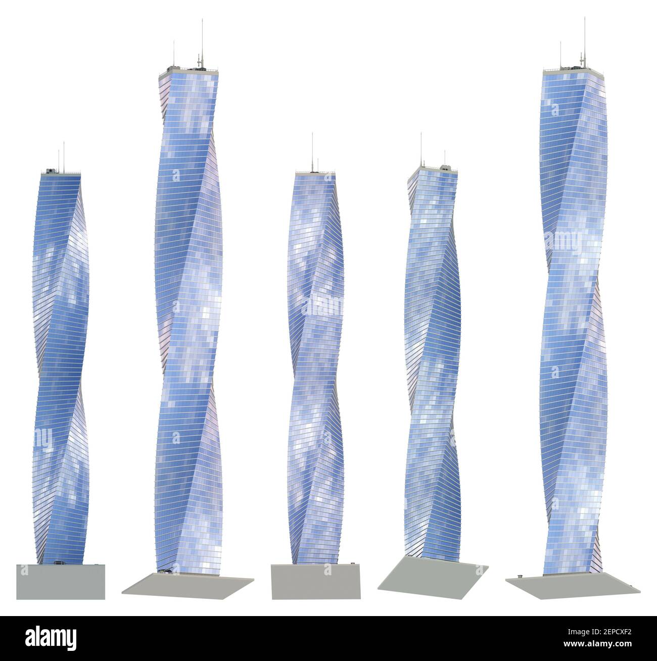 5 bottom view renders of fictional design tall buildings with helix ...