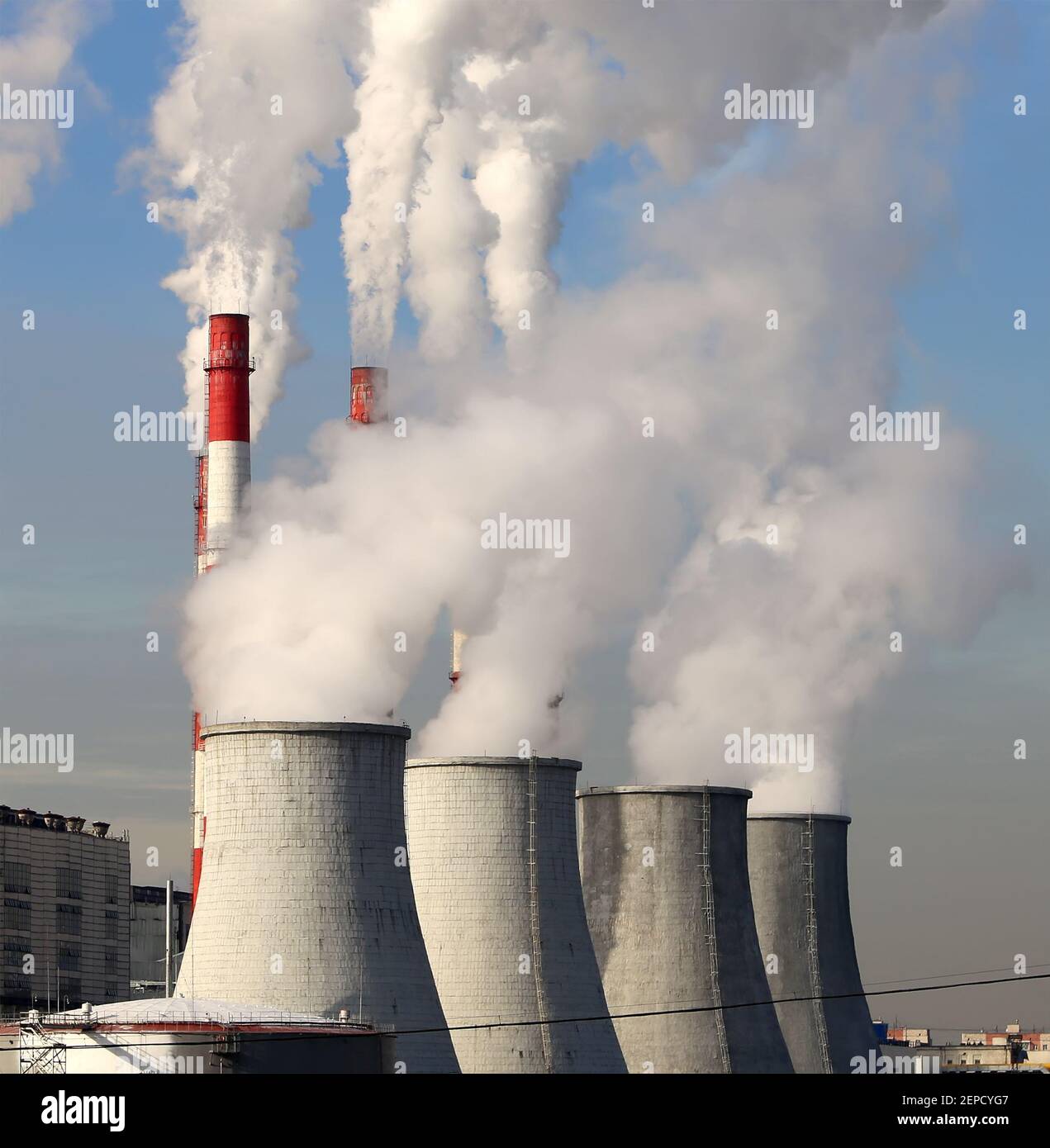 Coal burning power plant with smoke stacks, Moscow, Russia Stock Photo ...