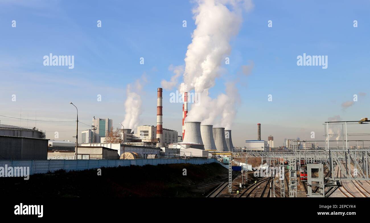 Coal burning power plant with smoke stacks, Moscow, Russia Stock Photo ...