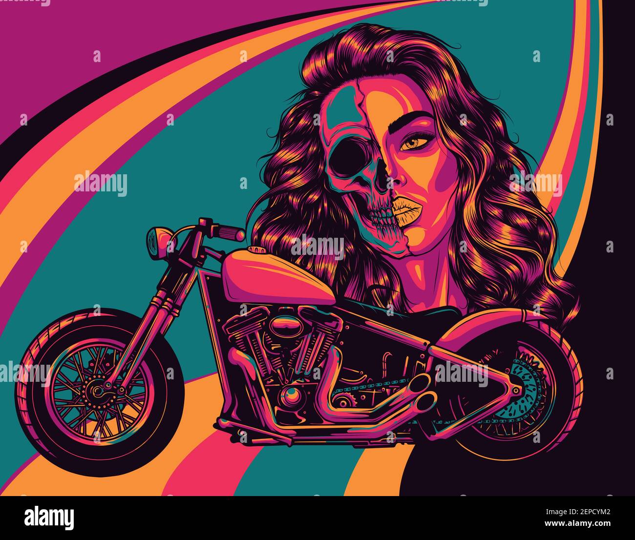 vector illustation vintage chopper motorcycle with woman face Stock ...