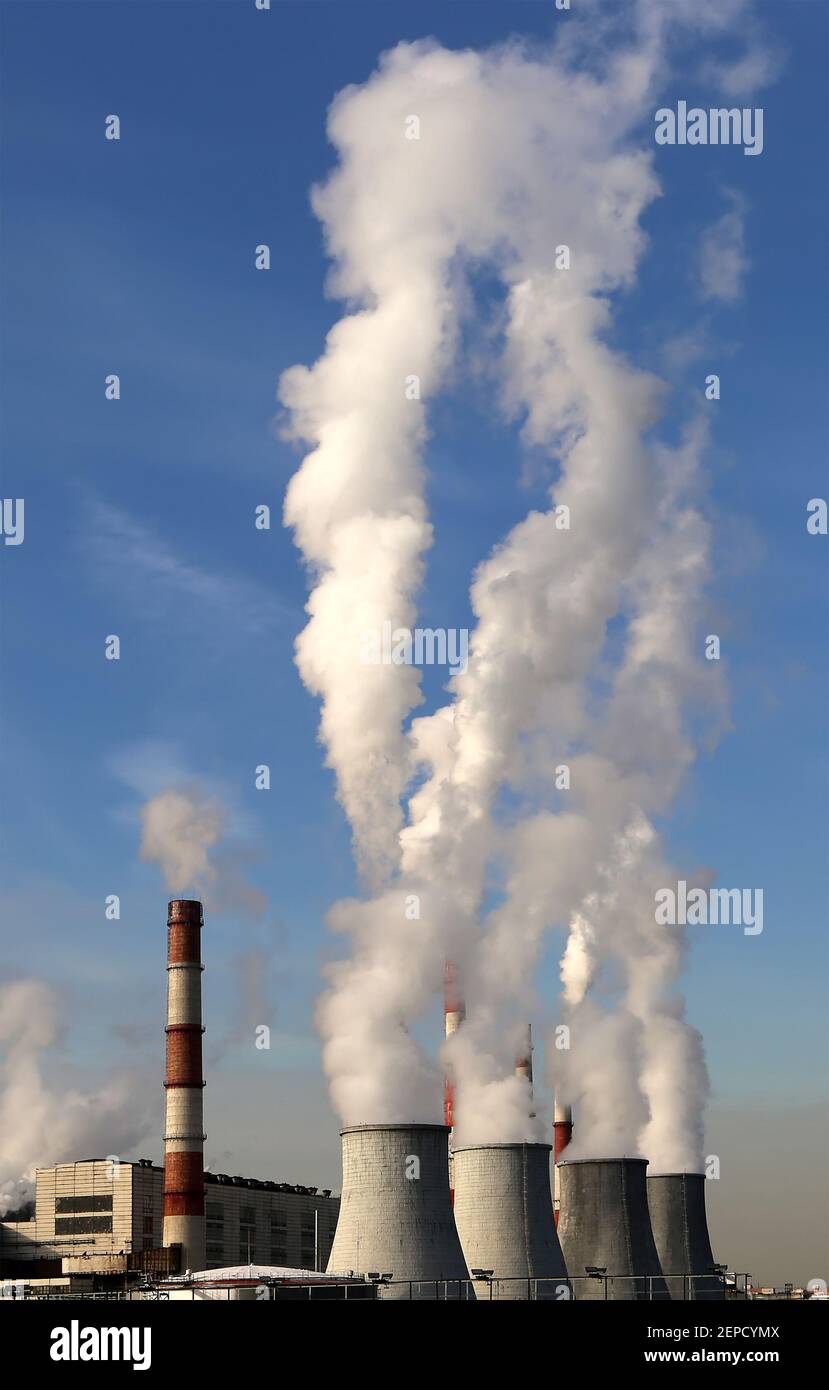 Coal burning power plant with smoke stacks, Moscow, Russia Stock Photo ...